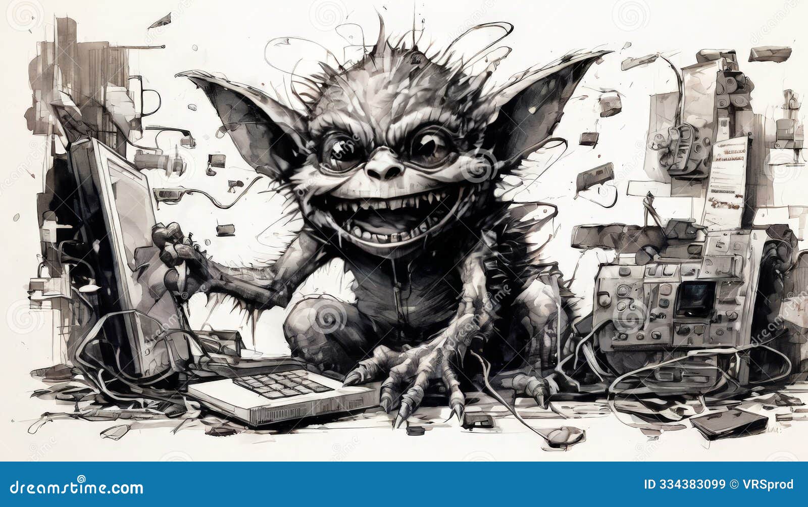 Mischievous Gremlin Hacking at a Cluttered Workstation Stock Image ...