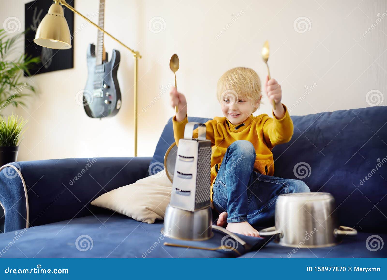 Mischievous Preschooler Boy Play the Music Using Kitchen Tools and ...