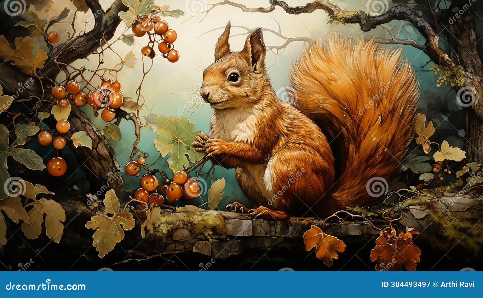 A Mischievous Squirrel Gathering Acorns in an Oak Tree, Tile Art Stock ...