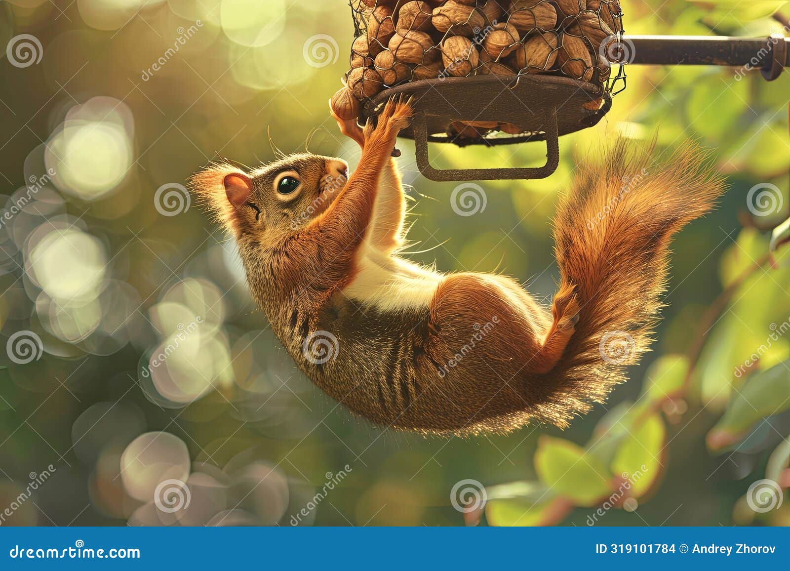 A Mischievous Squirrel is Hanging Upside Down from a Bird Feeder while ...