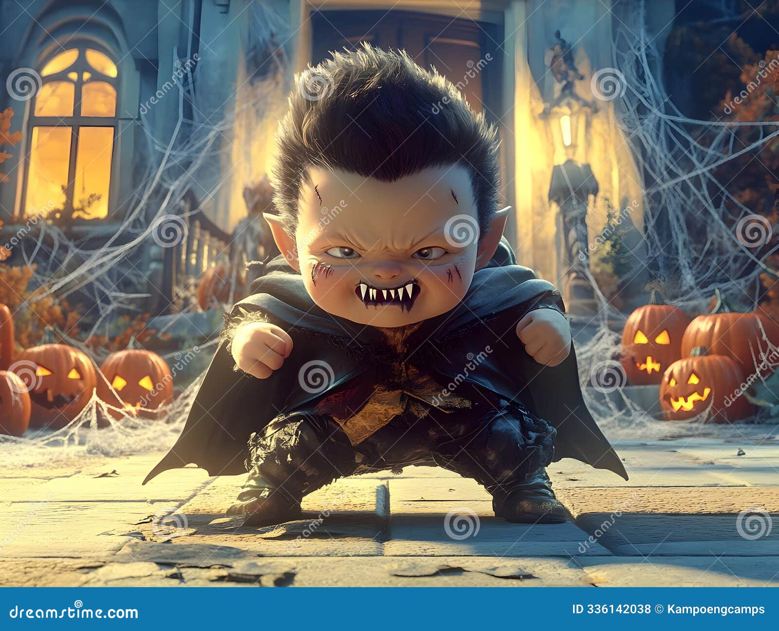 A Mischievous Vampire Character Poses in Front of a Haunted House with ...