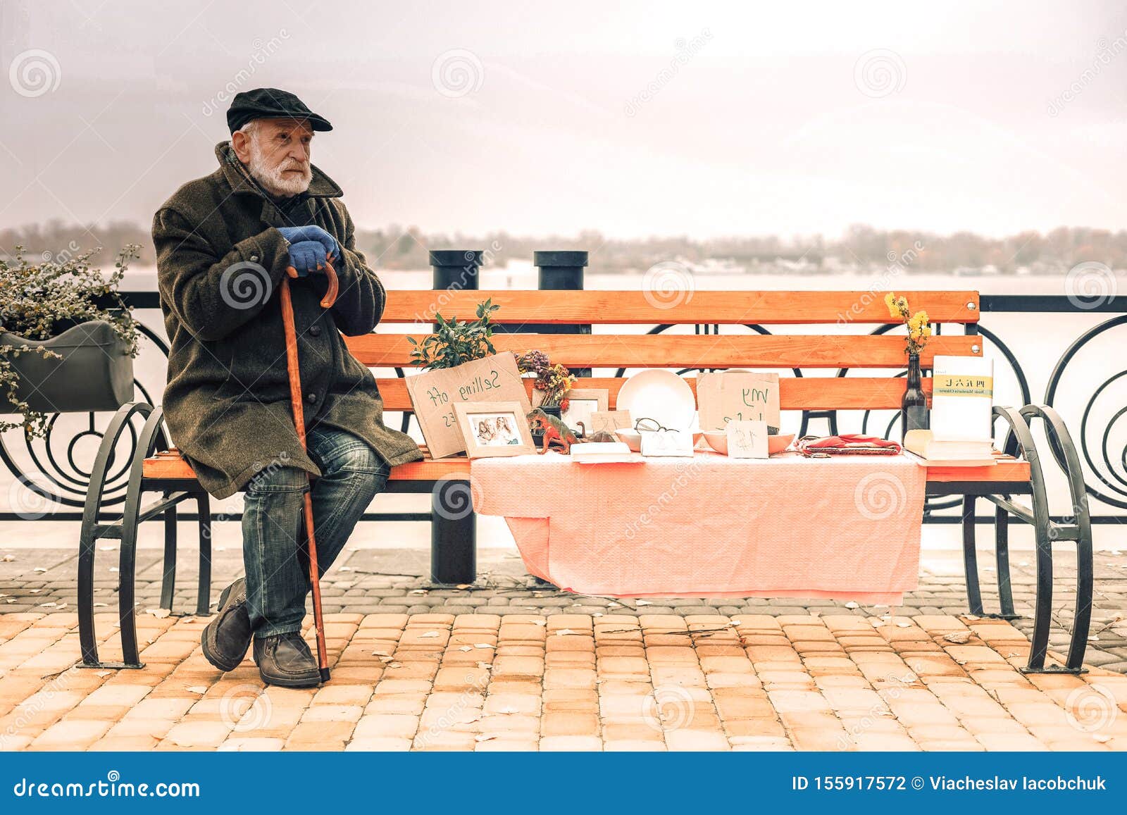 Miserable Cold Poor Man Sitting on Bench in Park Stock Photo - Image of ...