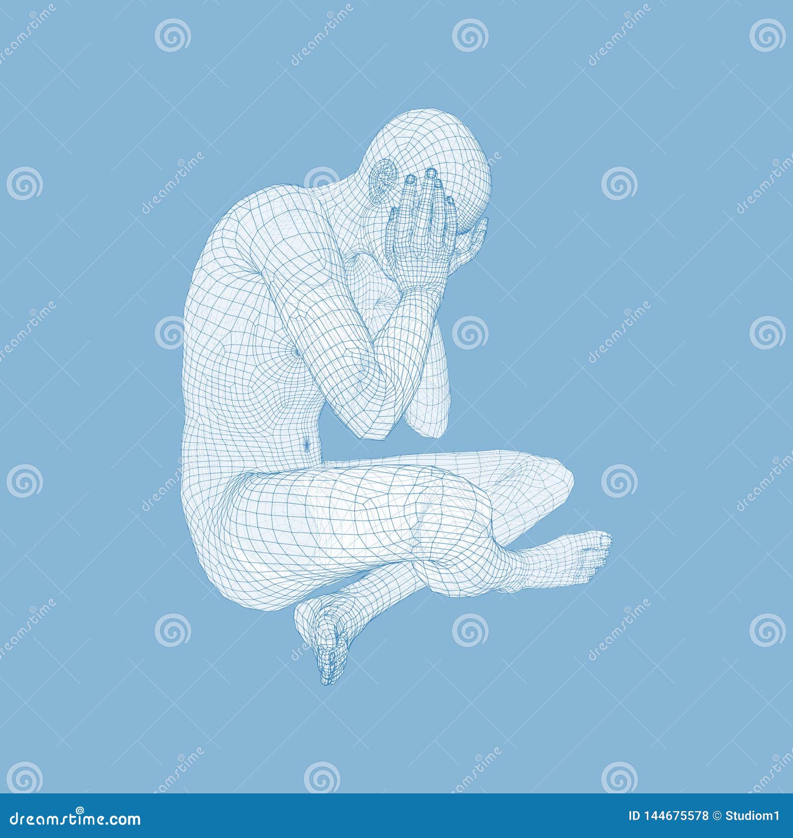 Miserable Depressed Man Sitting and Thinking. Man in a Thinker Pose. 3D ...