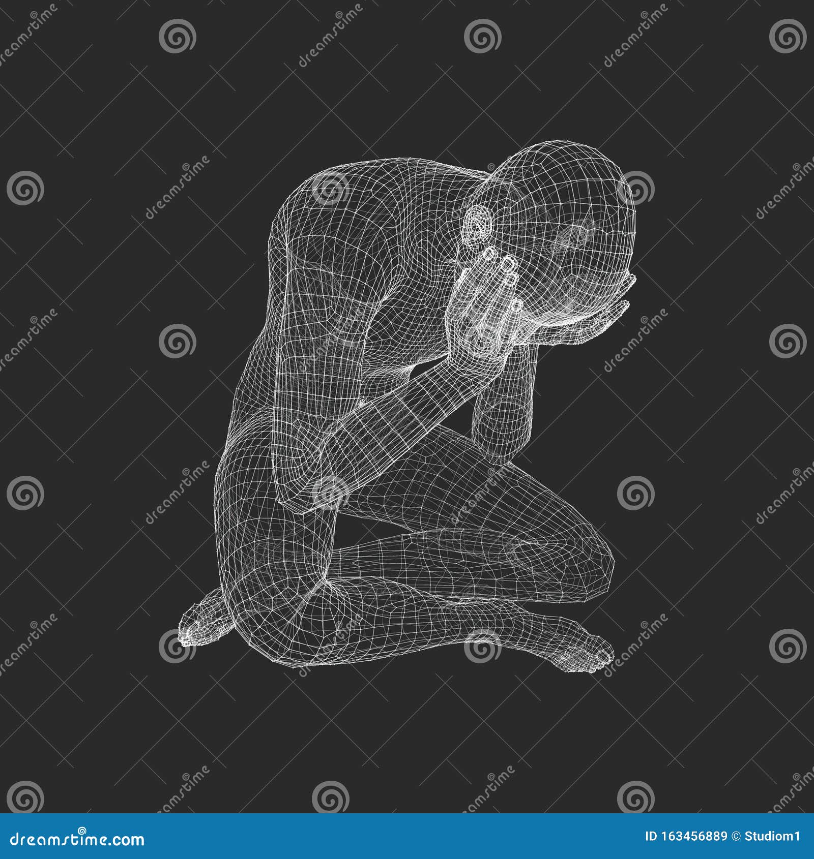 Miserable Depressed Man Sitting and Thinking. Man in a Thinker Pose. 3D ...