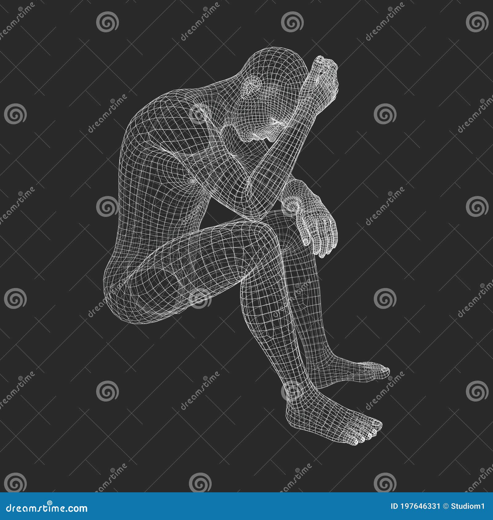 Miserable Depressed Man Sitting And Thinking. Man In A Thinker Pose. 3D ...