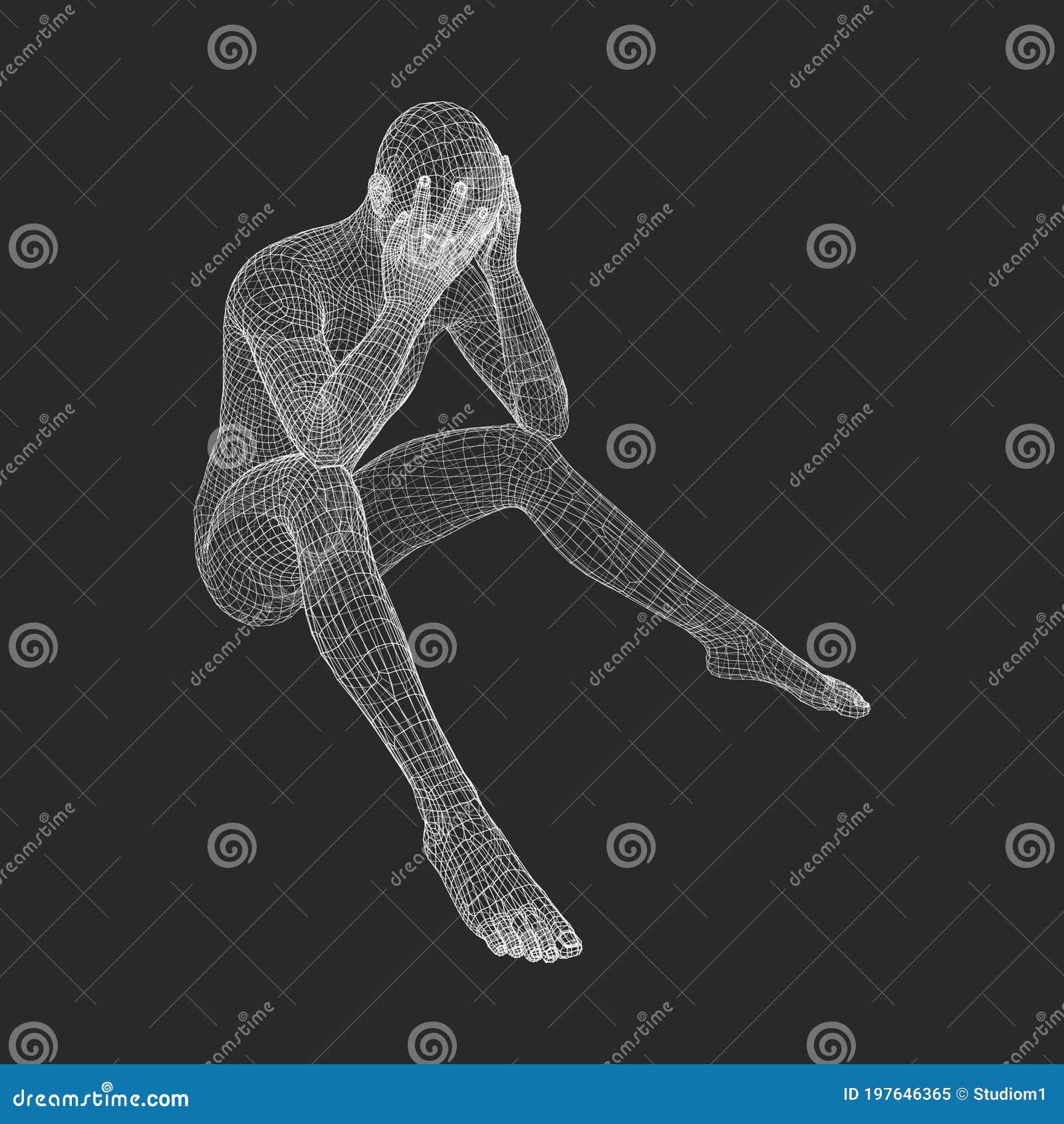 Miserable Depressed Man Sitting and Thinking. Man in a Thinker Pose. 3D ...