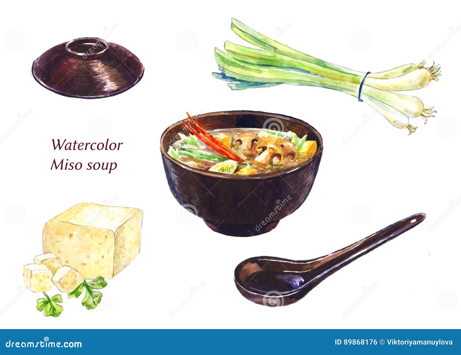 Miso Sup Set. Watercolor Illustrations. Stock Illustration ...