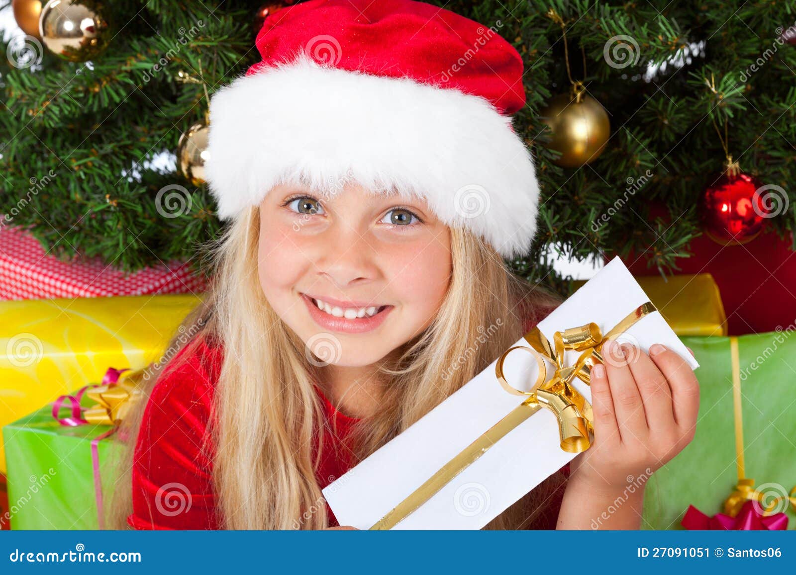 Miss Santa Holding a Gift and Smiling Stock Image - Image of ...
