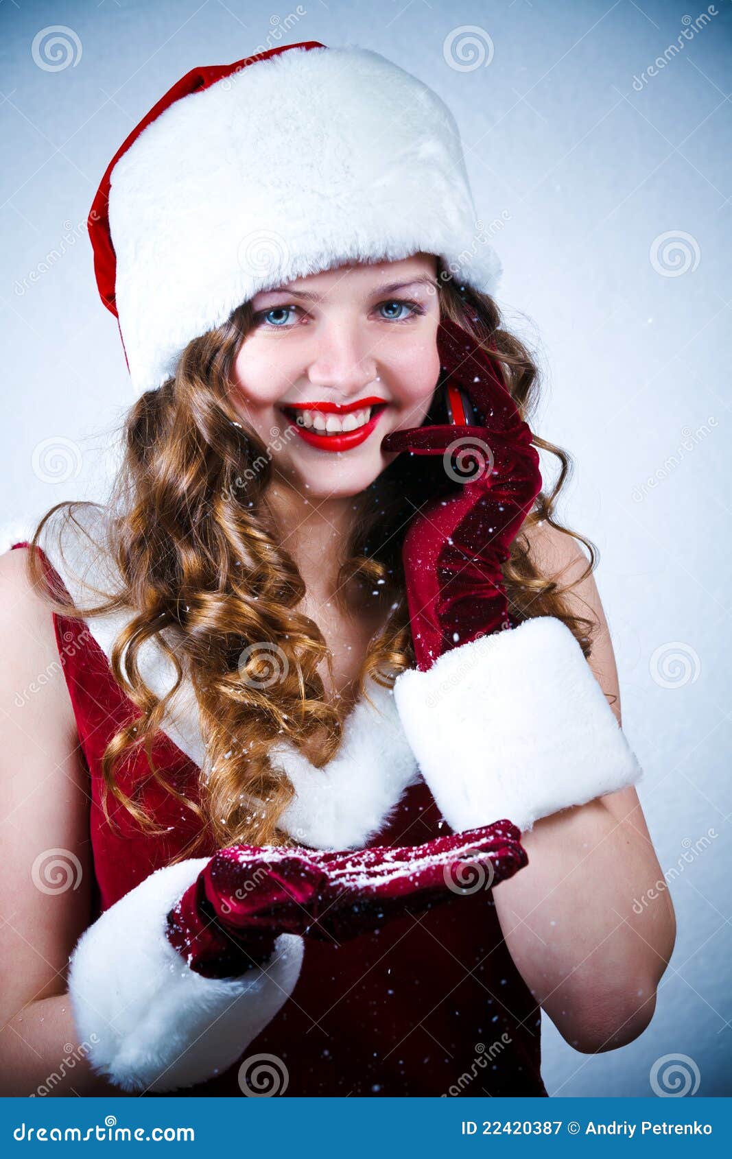 Miss Santa Looking at the Snow and Cellular Stock Image - Image of ...