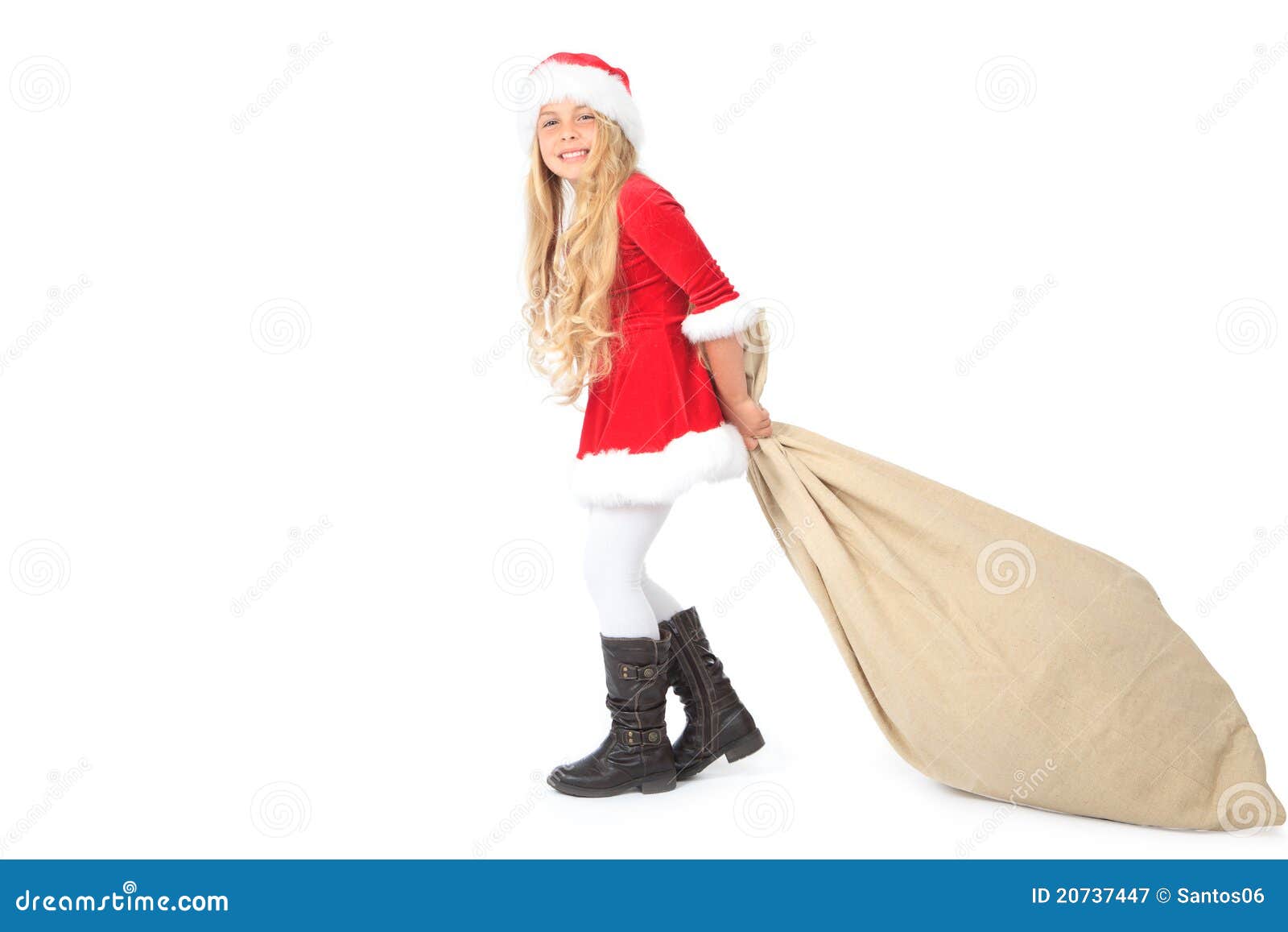 Miss Santa Pulling the Heavy Santa Claus Sack Stock Image - Image of ...