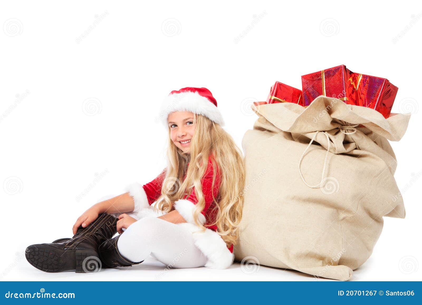 Miss Santa Sitting beside Christmas Sack Smiling Stock Image - Image of ...