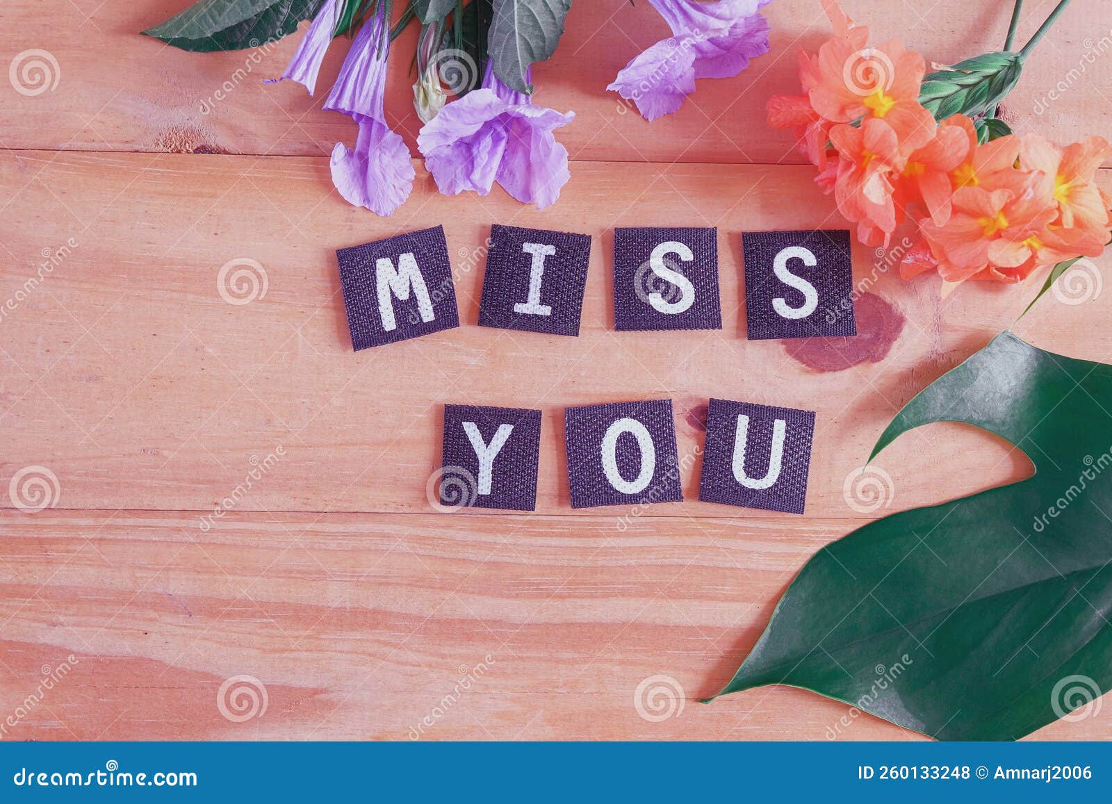 Miss You Tag with Flower on Table Stock Photo - Image of wooden ...