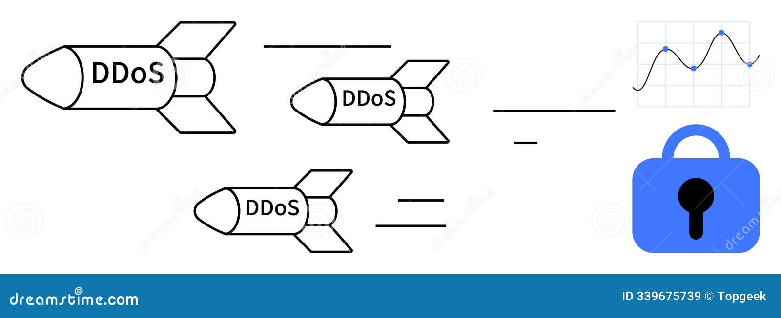 DDoS Attack Threat Illustration with Missiles and Security Lock ...