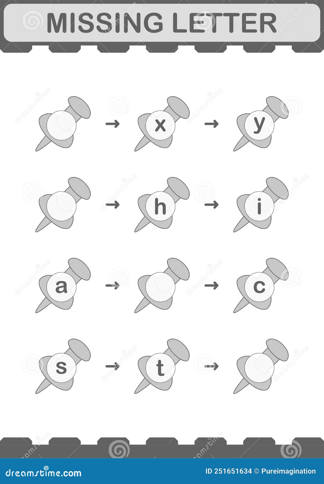 Missing Letter with Push Pin. Worksheet for Kids Stock Vector ...