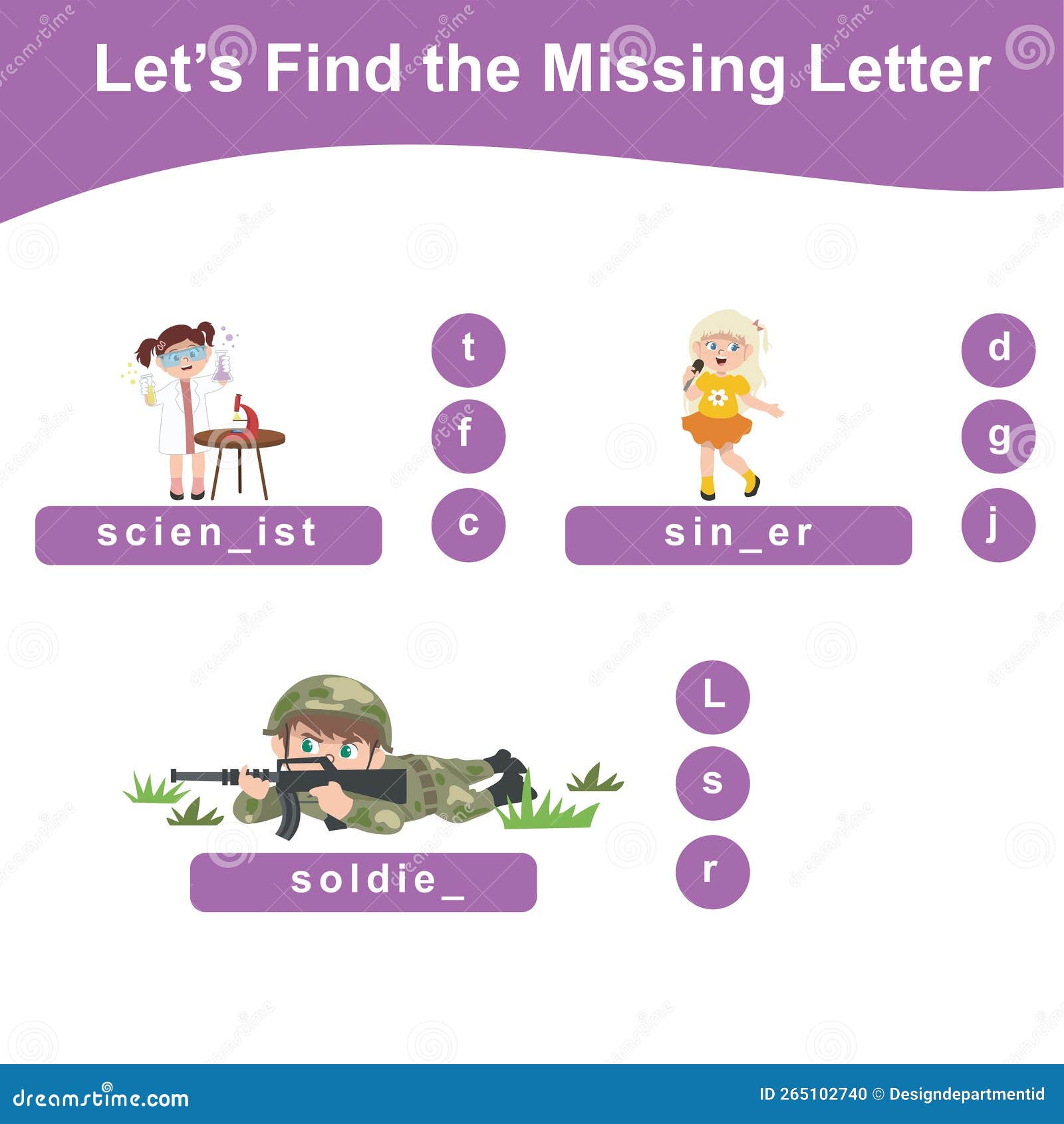 Missing Letter Worksheet with Kidsâ€™ Dream Profession. Educational ...