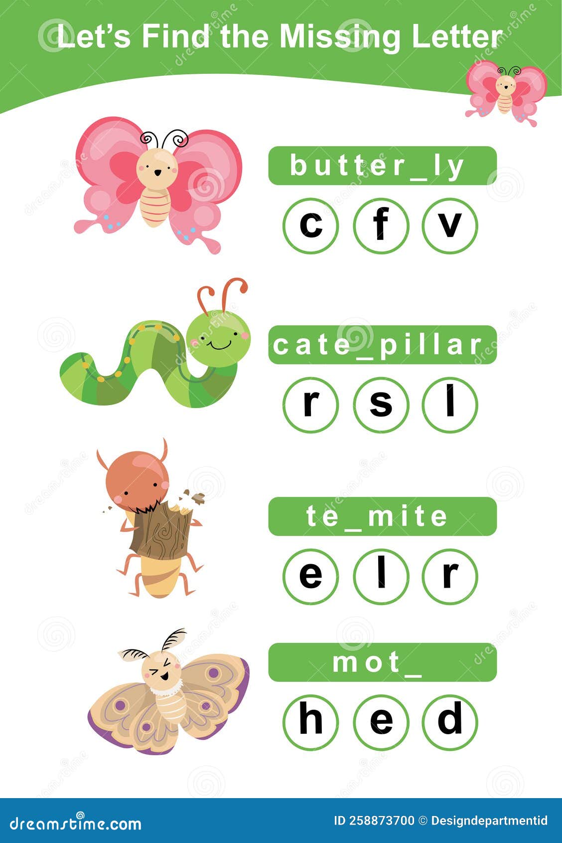 Fill the Missing Letter Bugs Worksheet for Toddlers Stock Vector ...