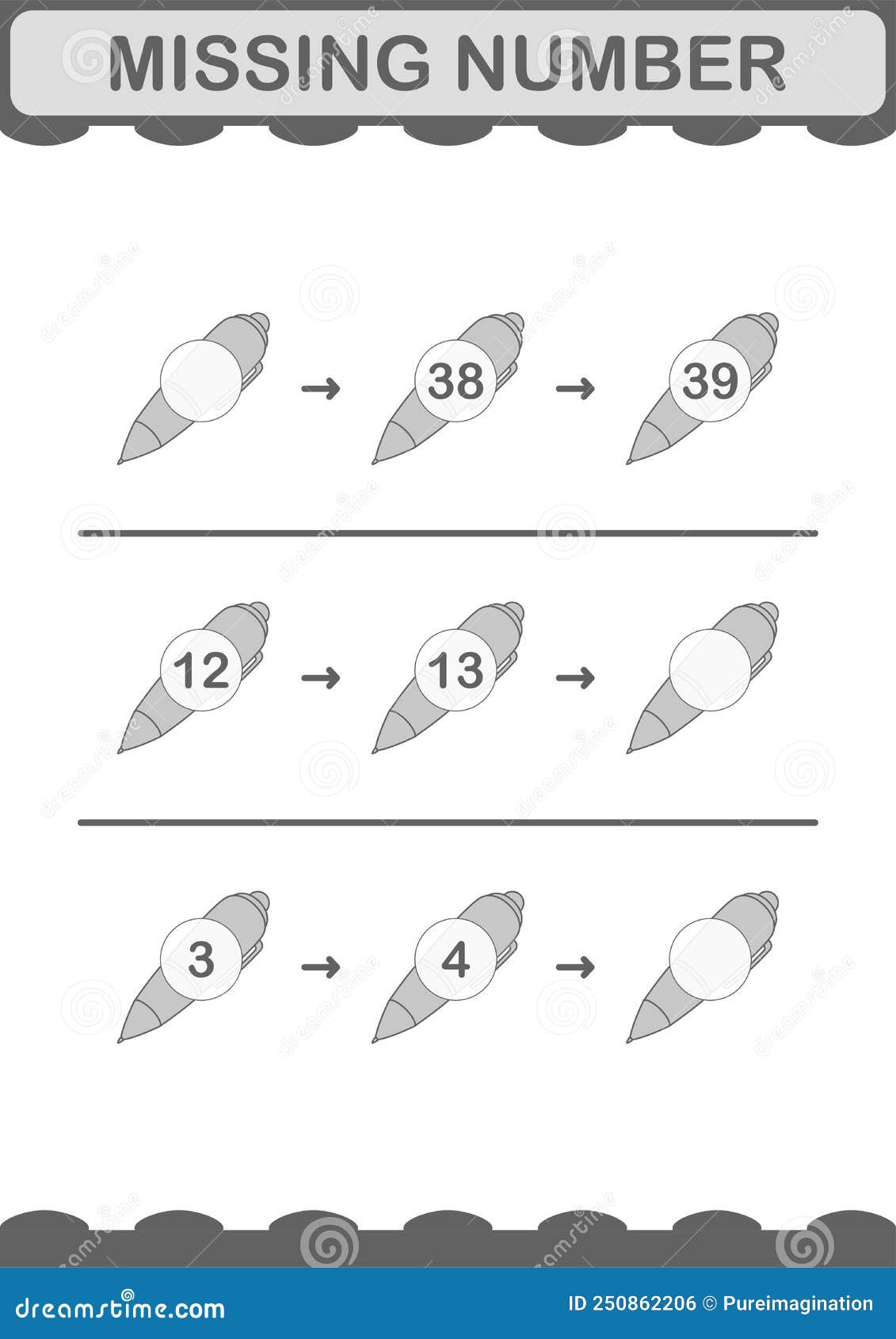 Missing Number with Pen. Worksheet for Kids Stock Vector - Illustration ...