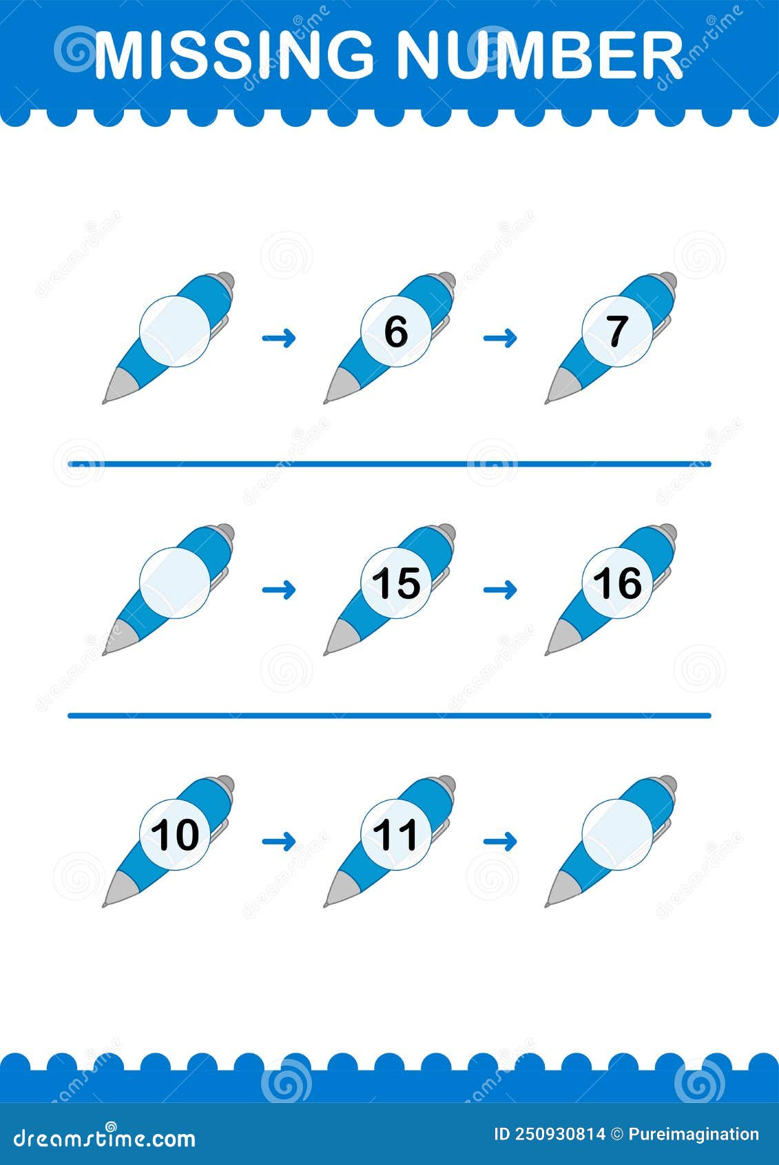 Missing Number with Pen. Worksheet for Kids Stock Vector - Illustration ...