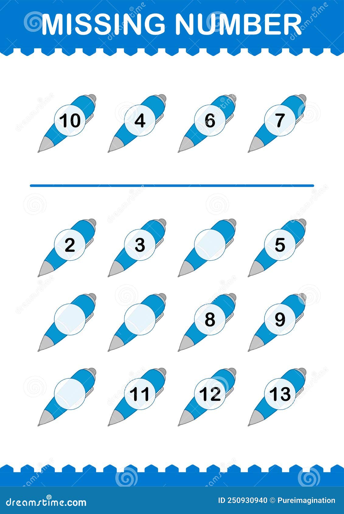 Missing Number with Pen. Worksheet for Kids Stock Vector - Illustration ...