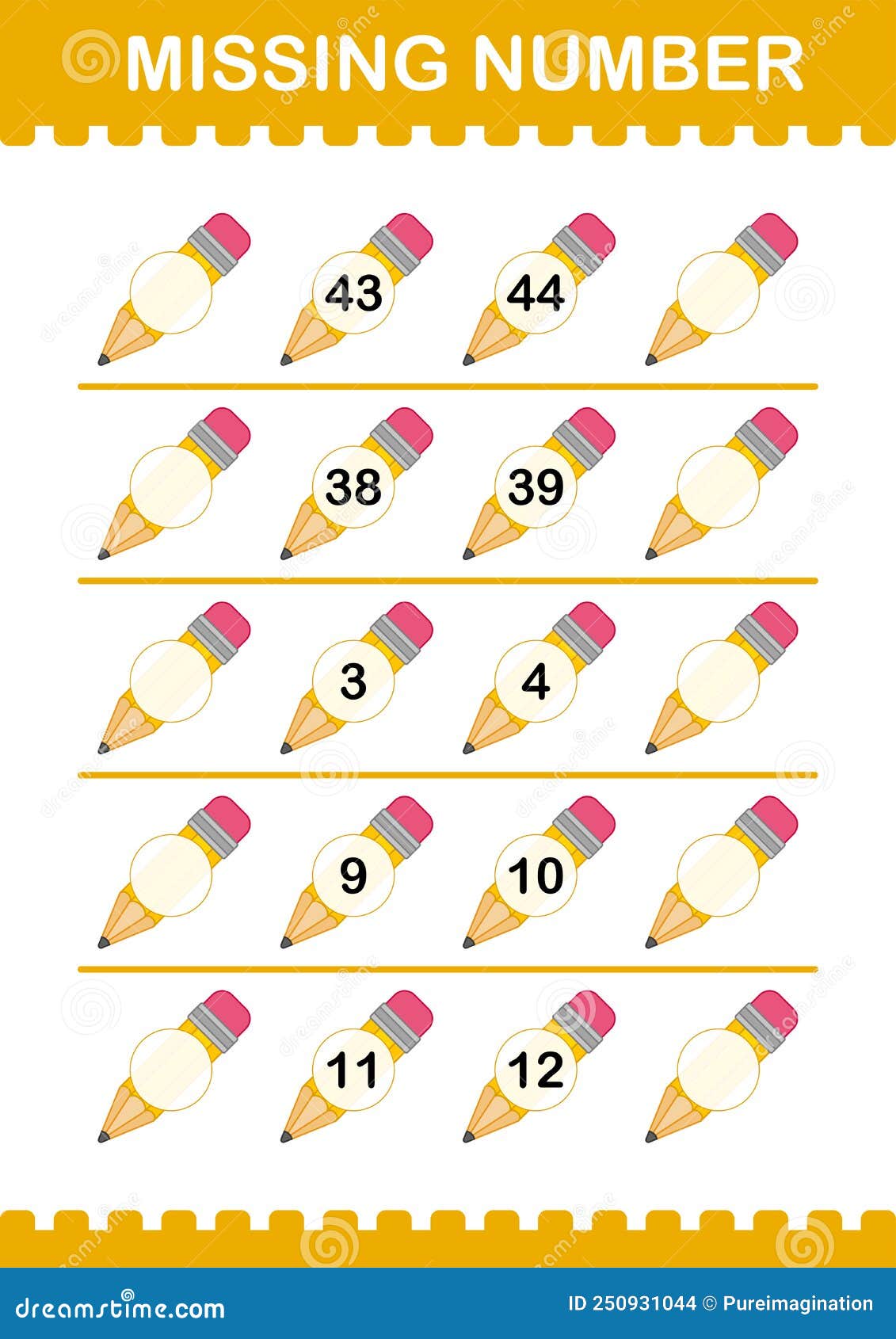 Missing Number with Pencil. Worksheet for Kids Stock Vector ...