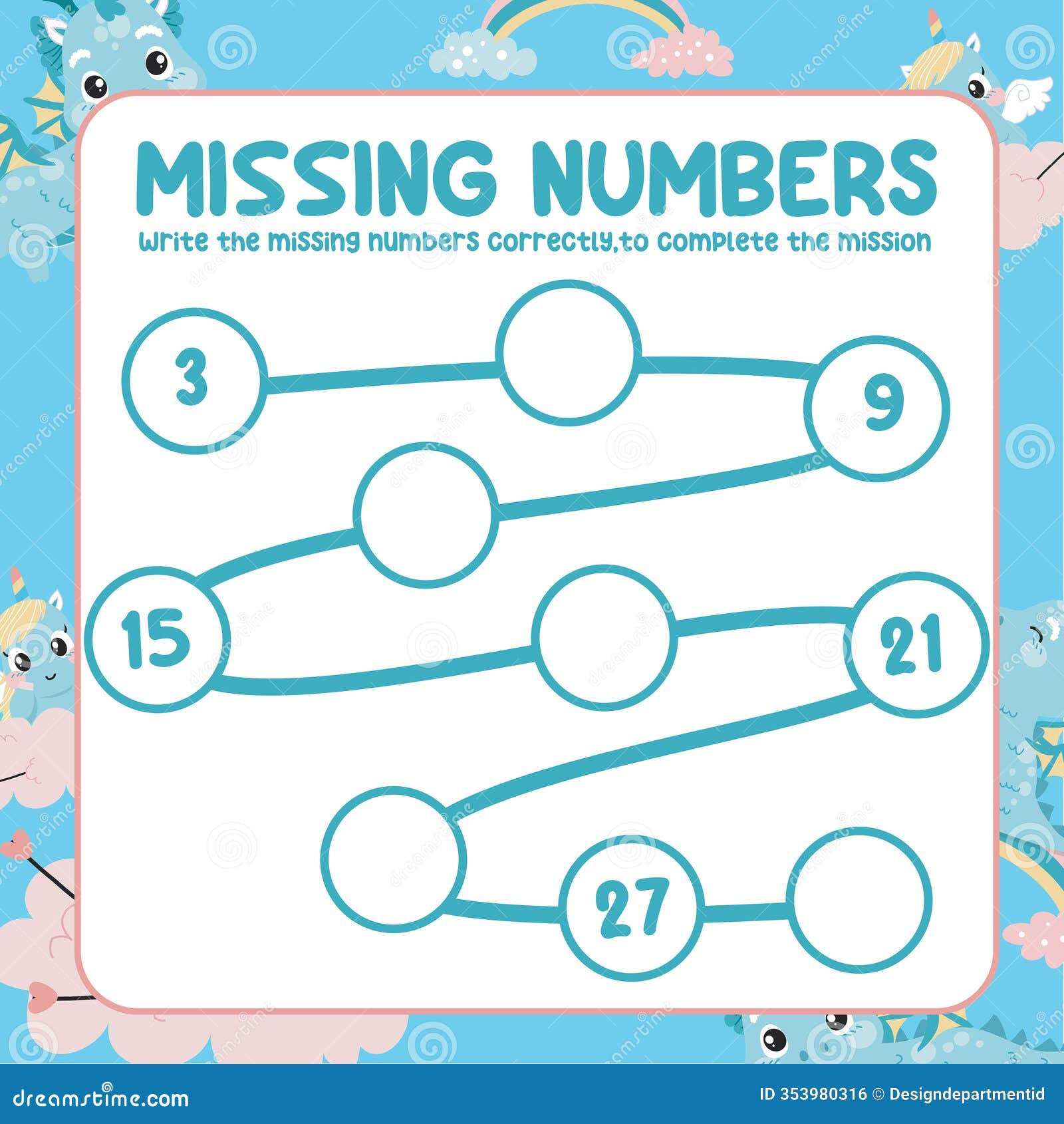 Missing Numbers Worksheet. Write the Answer Correctly Stock ...