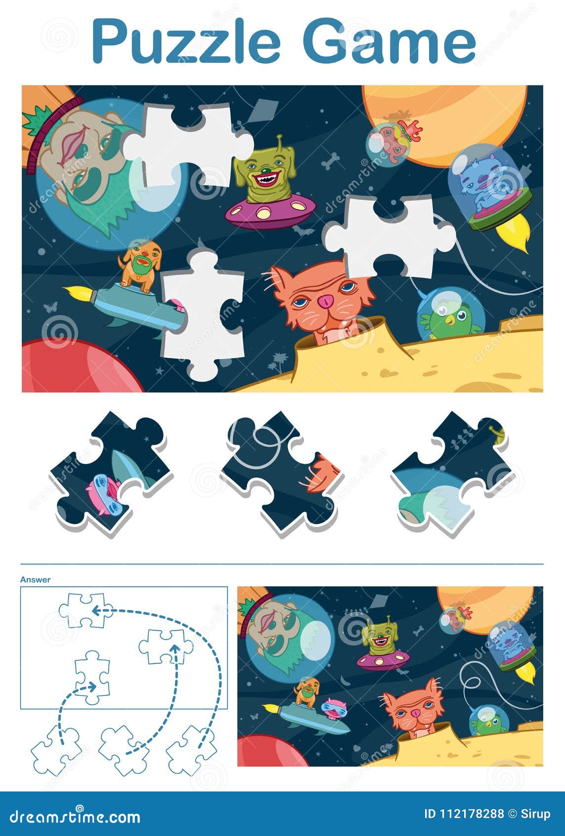 Missing Piece Puzzle Game with Alien Space Animals Stock Vector ...