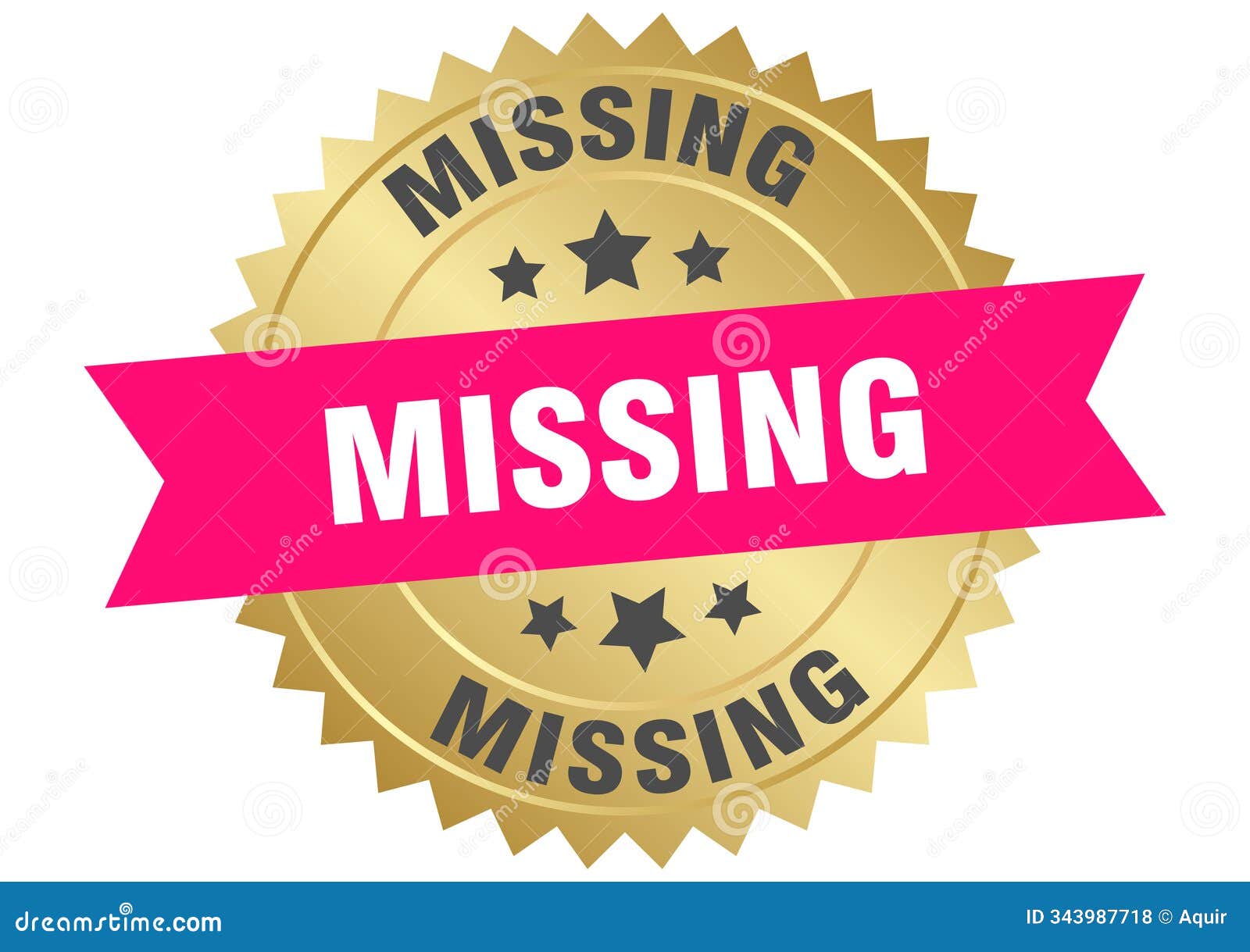 Missing. Missing Round Pink and Gold Label Isolated on Transparent ...