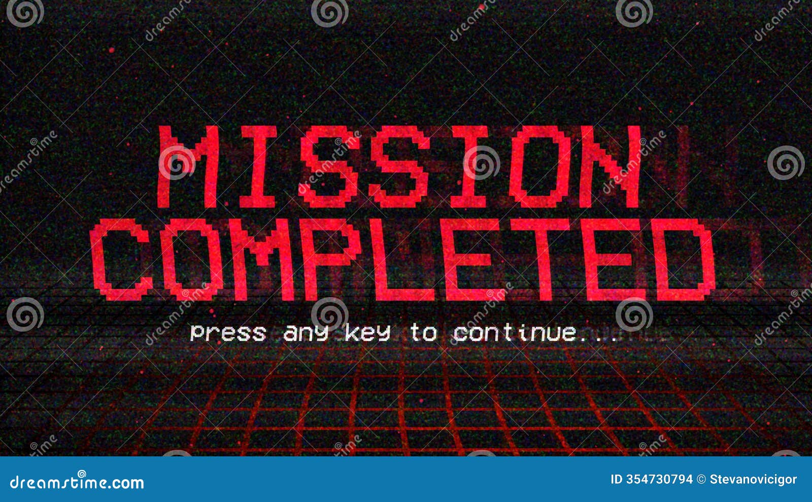 Mission Completed, Vintage Arcade Game Screen with Glitch Effect Stock ...