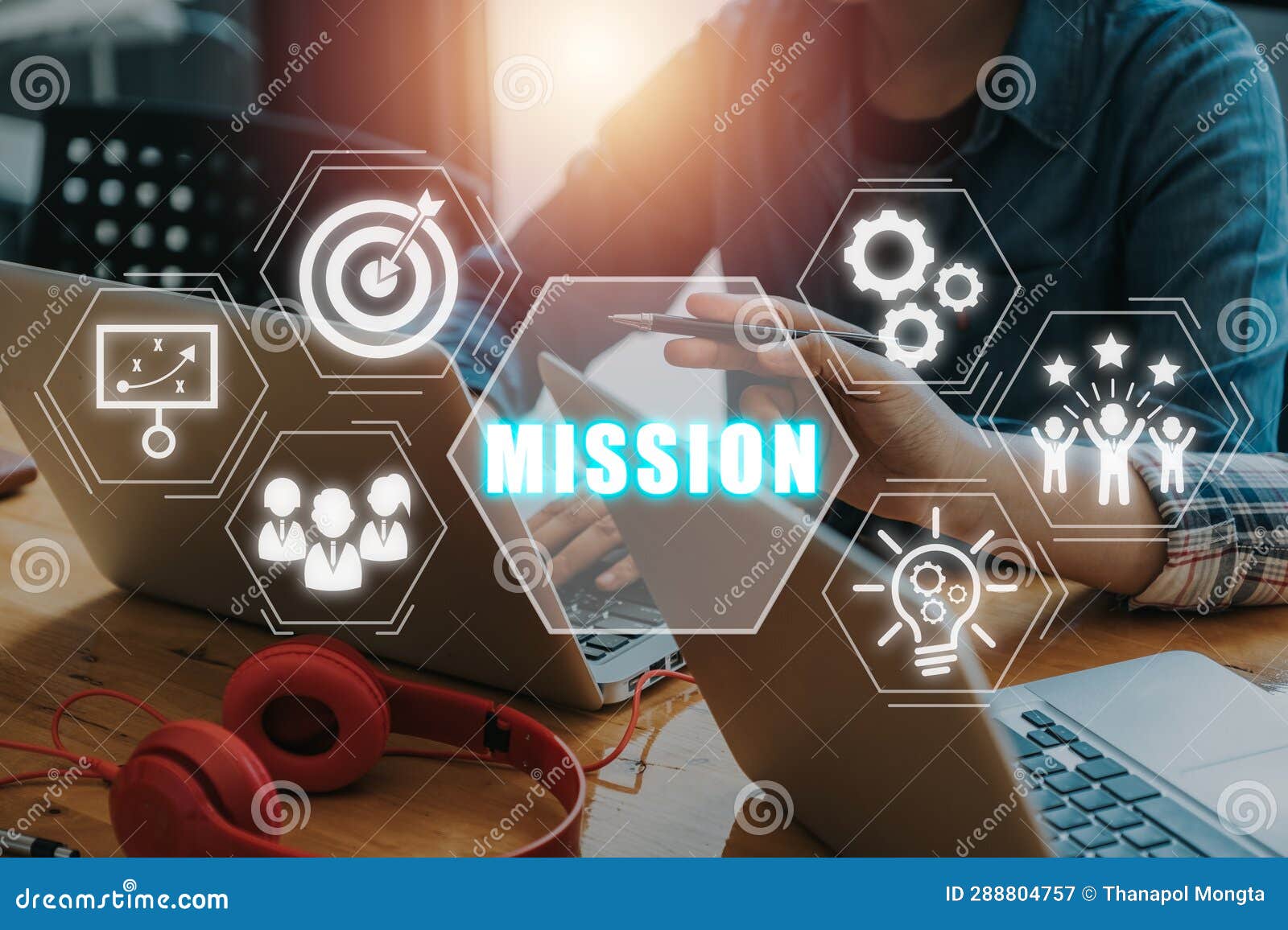 Business Team Working on Laptop Computer with Mission Icon on Virtual ...