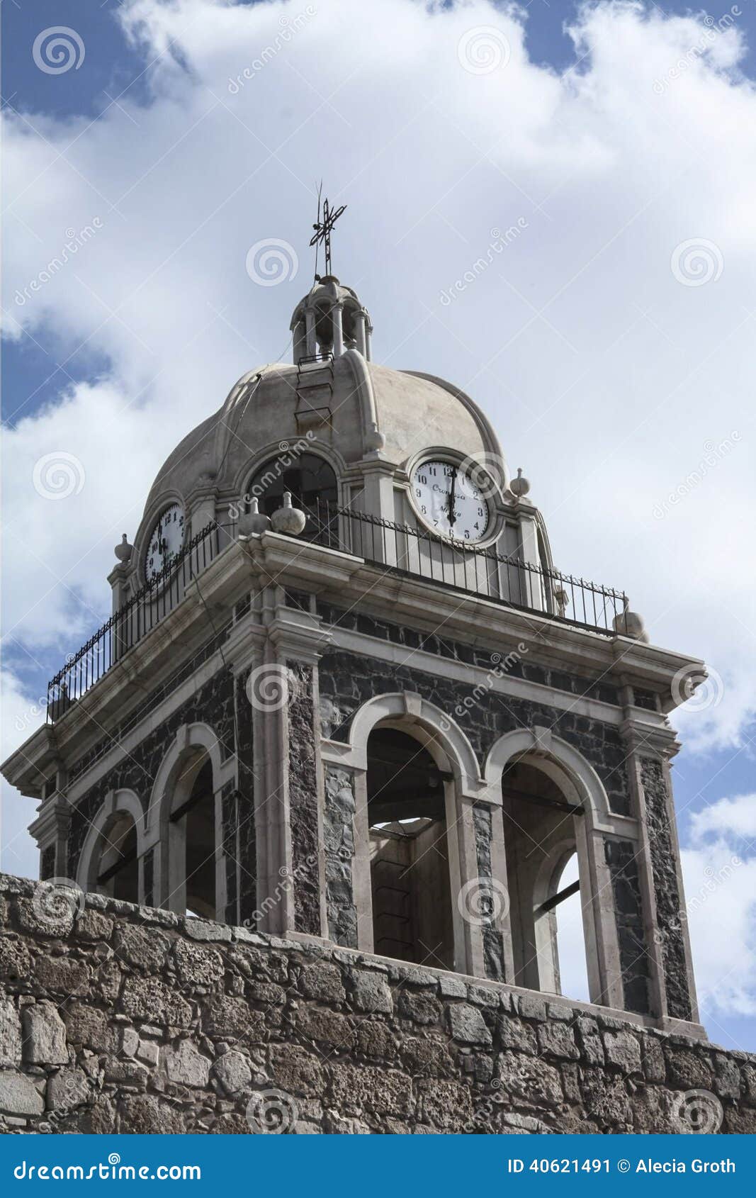 Mission Loreto Clock Tower in Baja Stock Image - Image of clouds ...