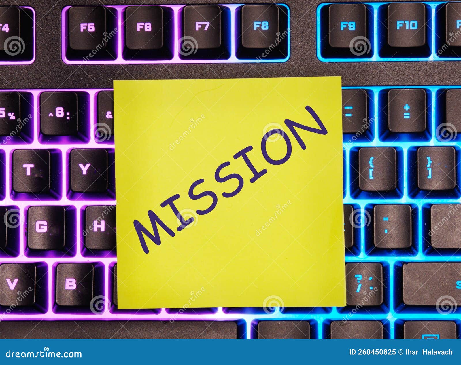 MISSION Text on a Yellow Sticker on a Glowing Laptop Keyboard Stock ...