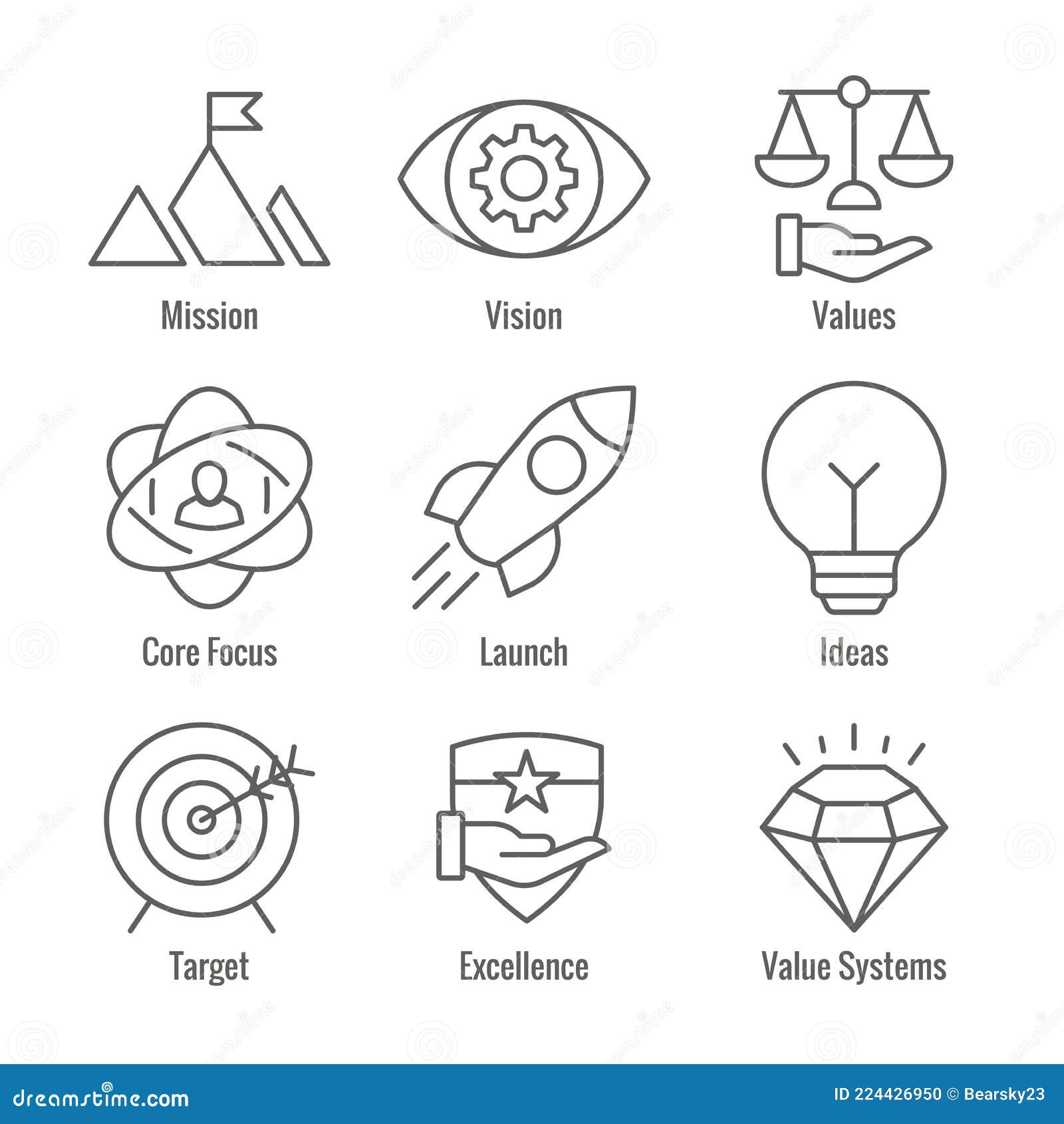 Mission Vision and Values Icon Set W Rocket, Ideas, and Goal Icons ...