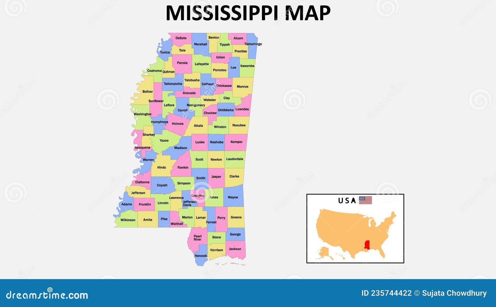 Mississippi Map. District Map of Mississippi in 2020 Stock Vector ...