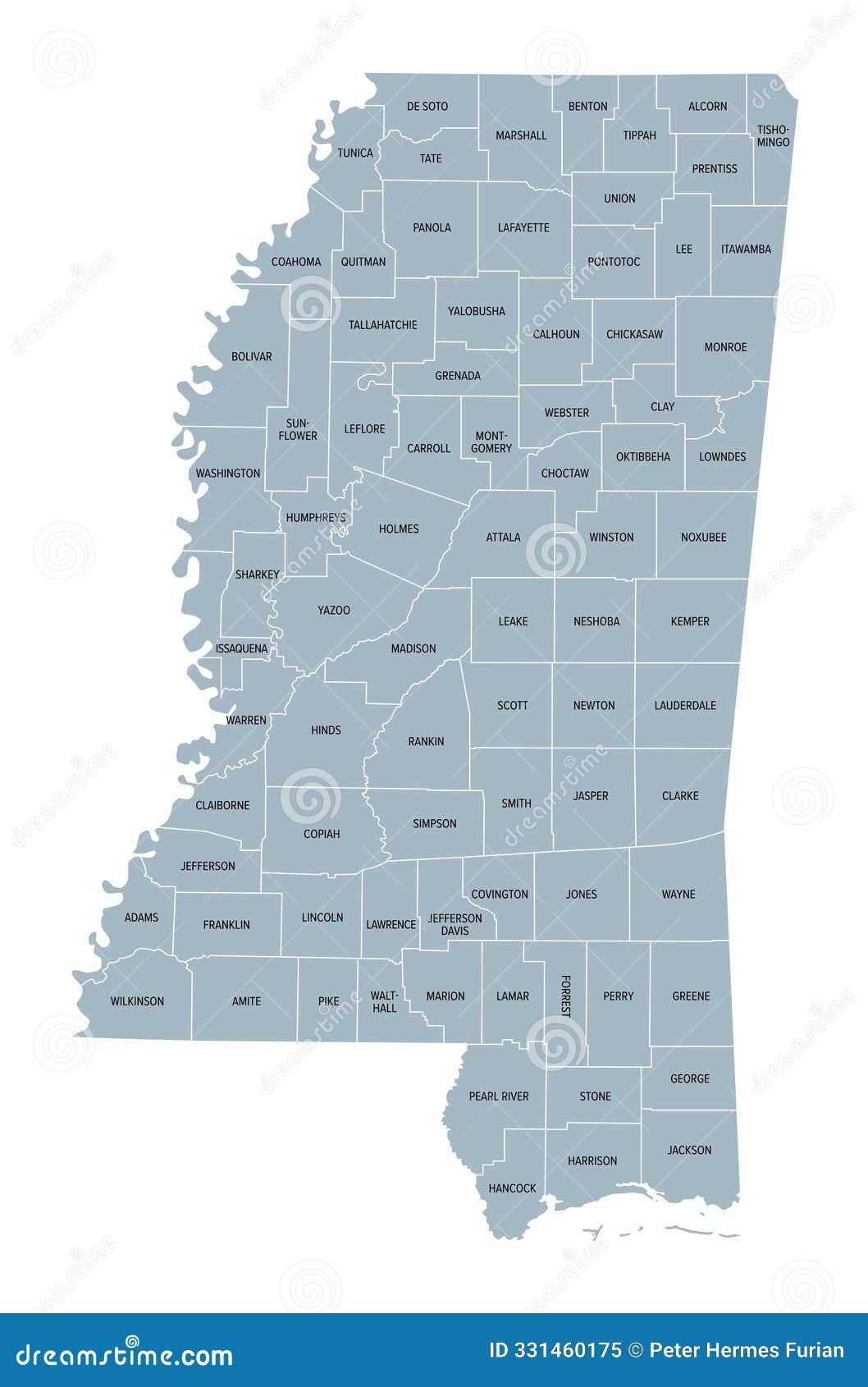 Mississippi, U.S. State, Subdivided into 82 Counties, Gray Political ...