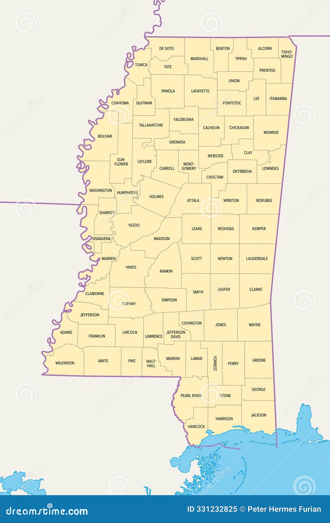 Mississippi, U.S. State, Subdivided into 82 Counties, Political Map ...