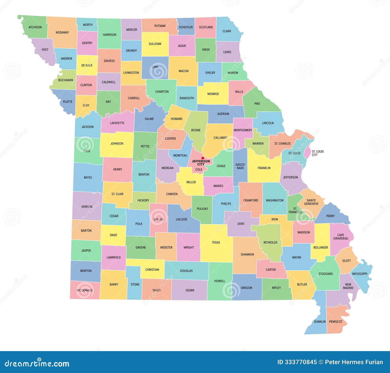 Missouri, U.S. State, Counties and Independent City St. Louis, Colored ...