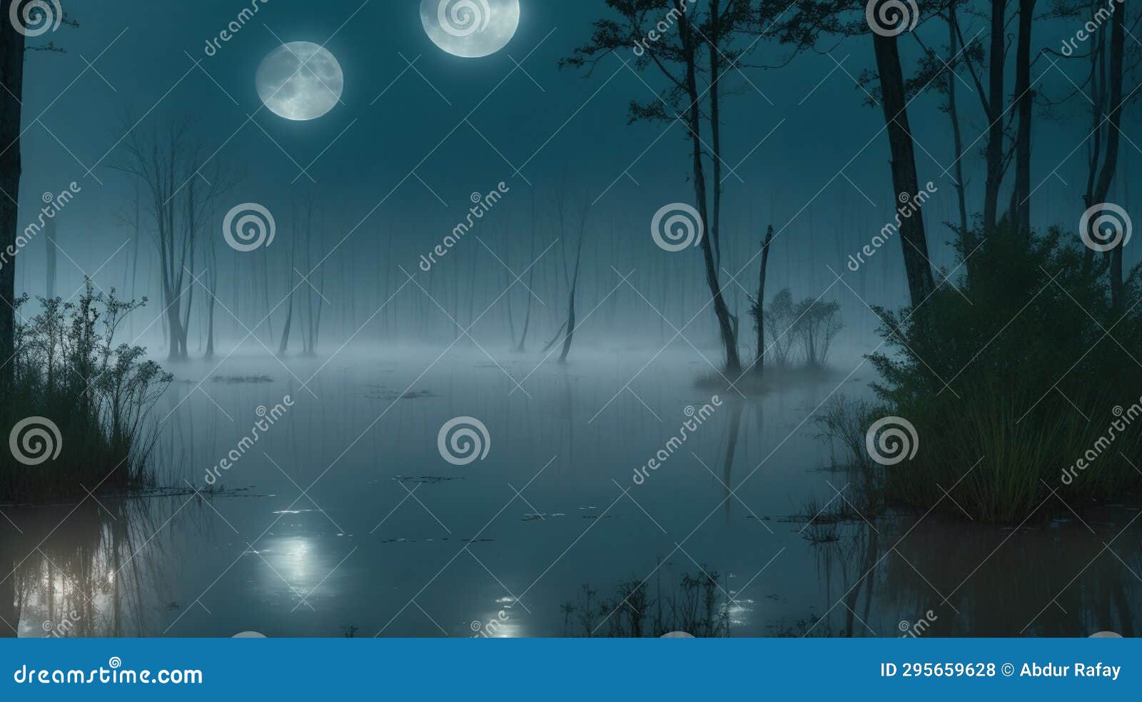 A Mist-covered Swamp with the Moonlight Peeking through the Trees Stock ...