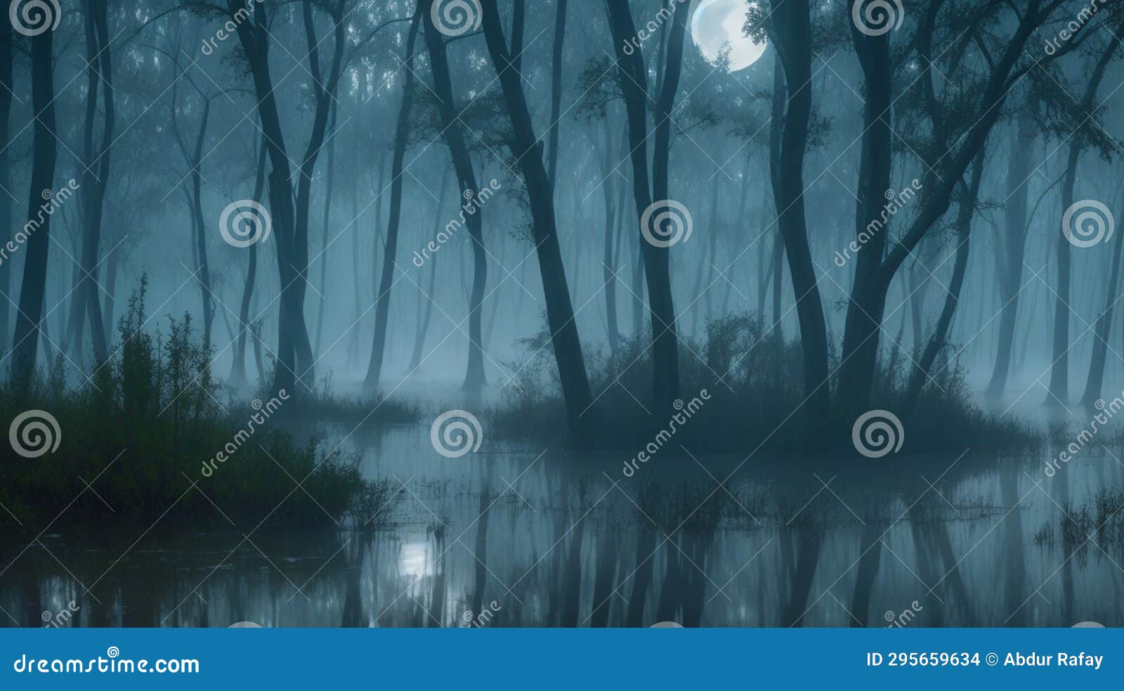 A Mist-covered Swamp with the Moonlight Peeking through the Trees Stock ...