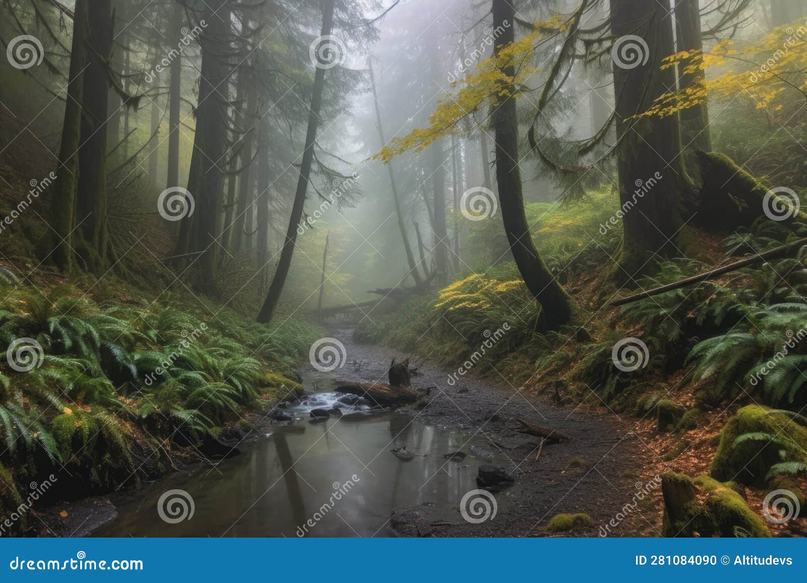 Mist-filled Forest with Towering Trees and a Babbling Stream Stock ...