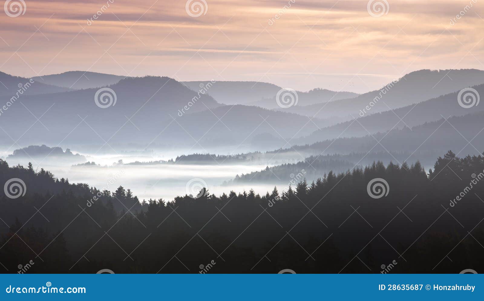 Mist on Hills in Morning Landscape Stock Image - Image of blue, cloud ...