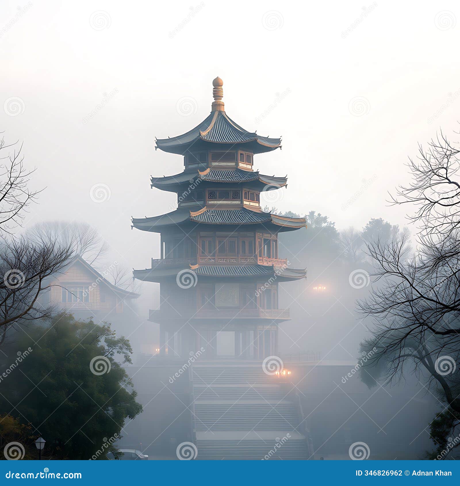 Mist Over Ancient Pagoda in China Stock Illustration - Illustration of ...