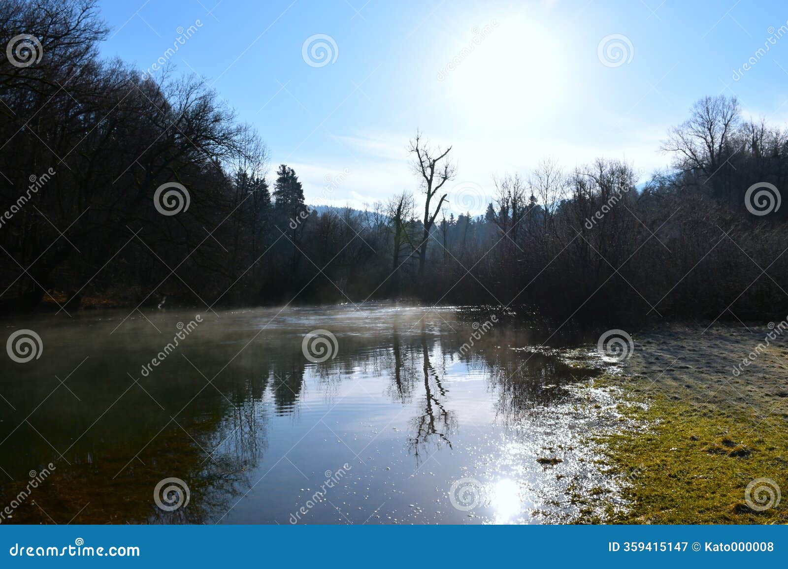 Mist Over Rak River and a Reflection of the Tree in the Water Stock ...