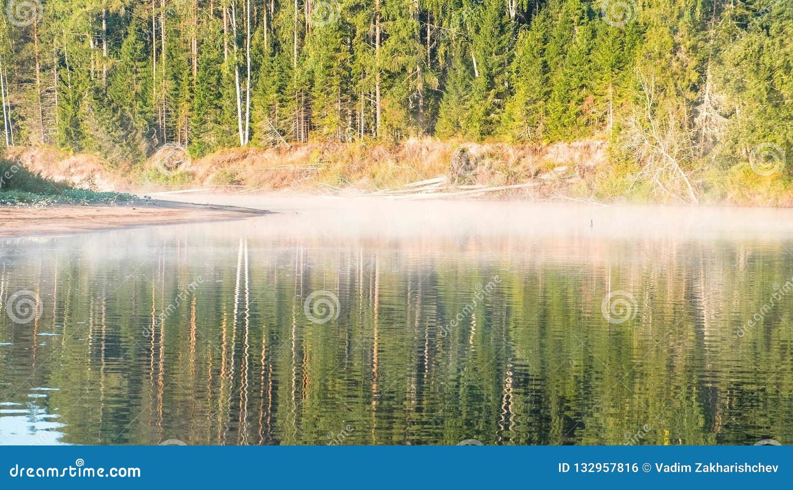 Mist Over the River. Autumn Forest is Reflected in the Water on the ...