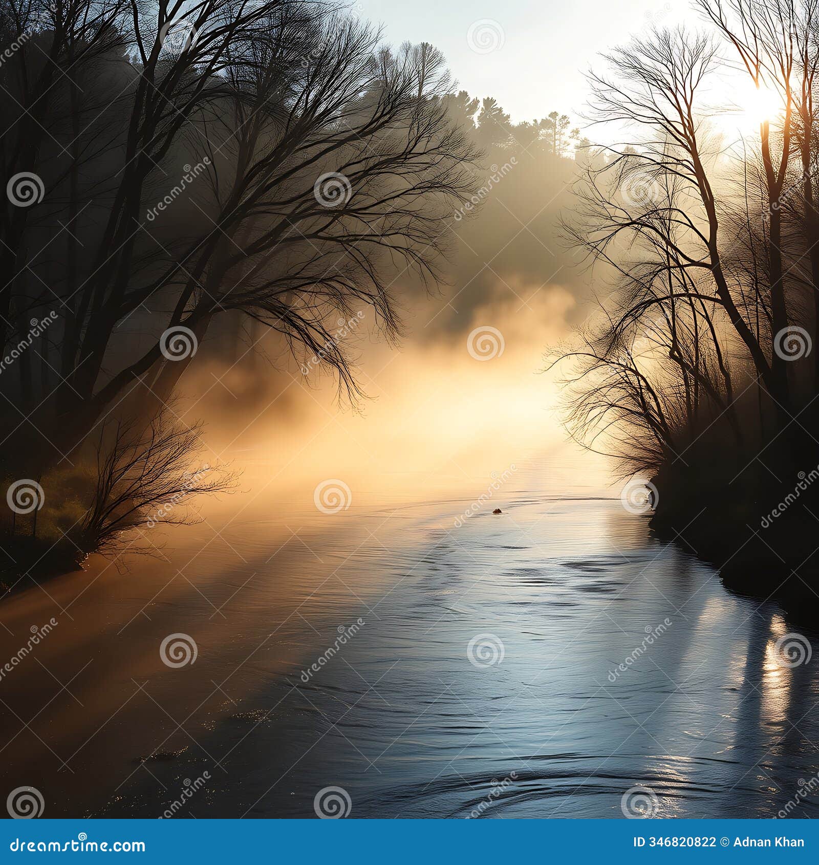 Mist Over River with Sunlit Trees Stock Illustration - Illustration of ...