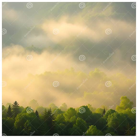 Mist Over Vibrant Green Forest Stock Illustration - Illustration of ...