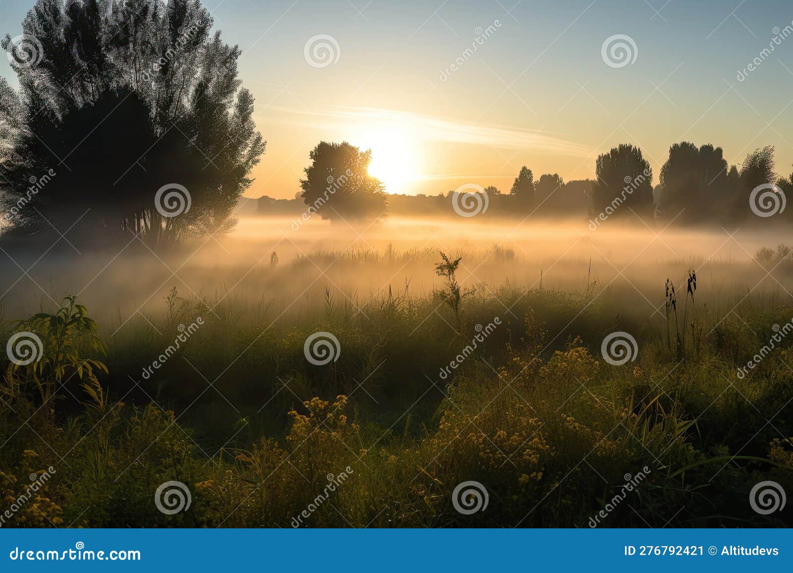 Mist Rises from Meadow, with Sun Peeking Over the Horizon Stock Image ...
