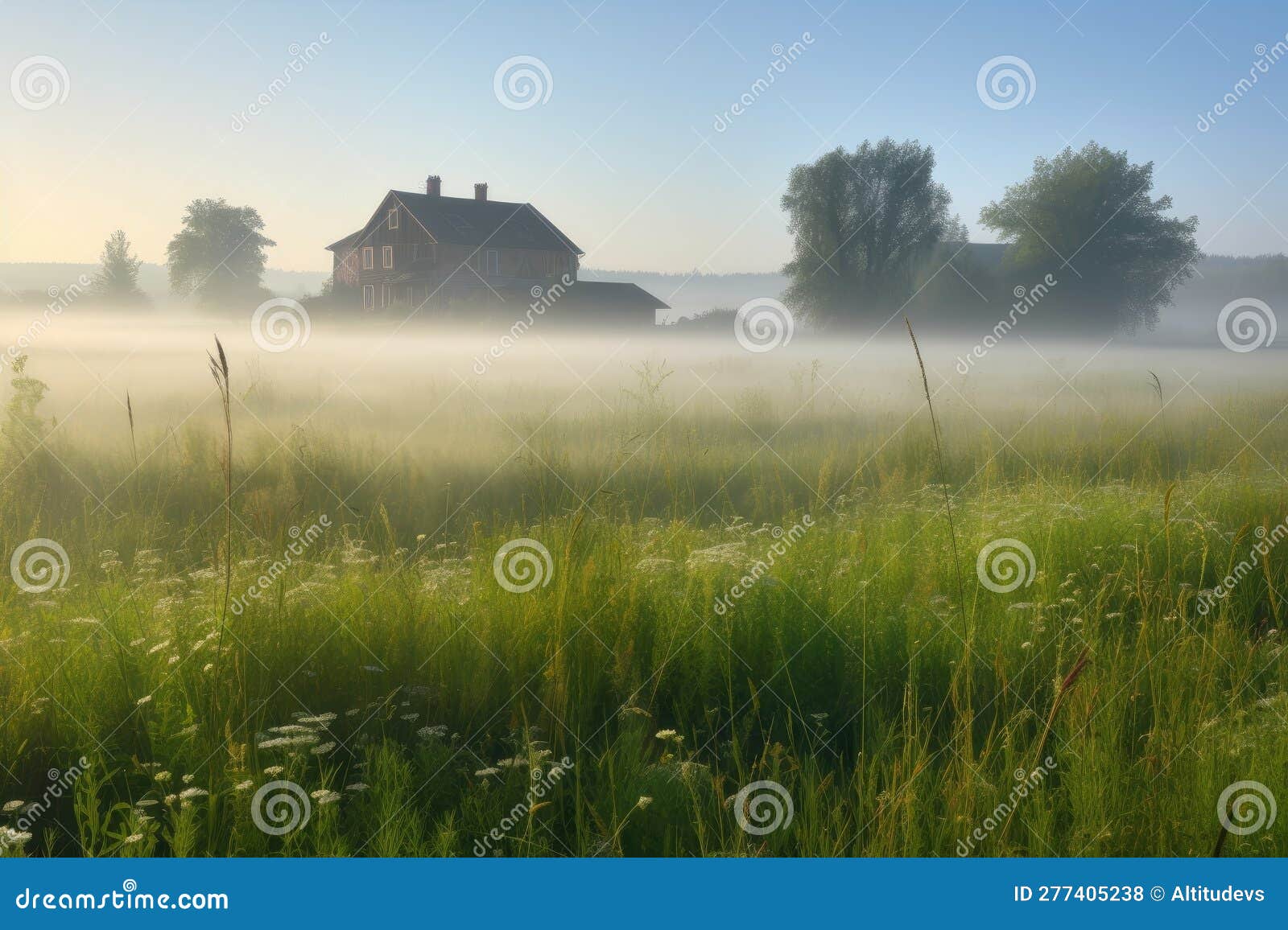 Mist Rising from Meadow, with Farmhouse in the Distance Stock Photo ...