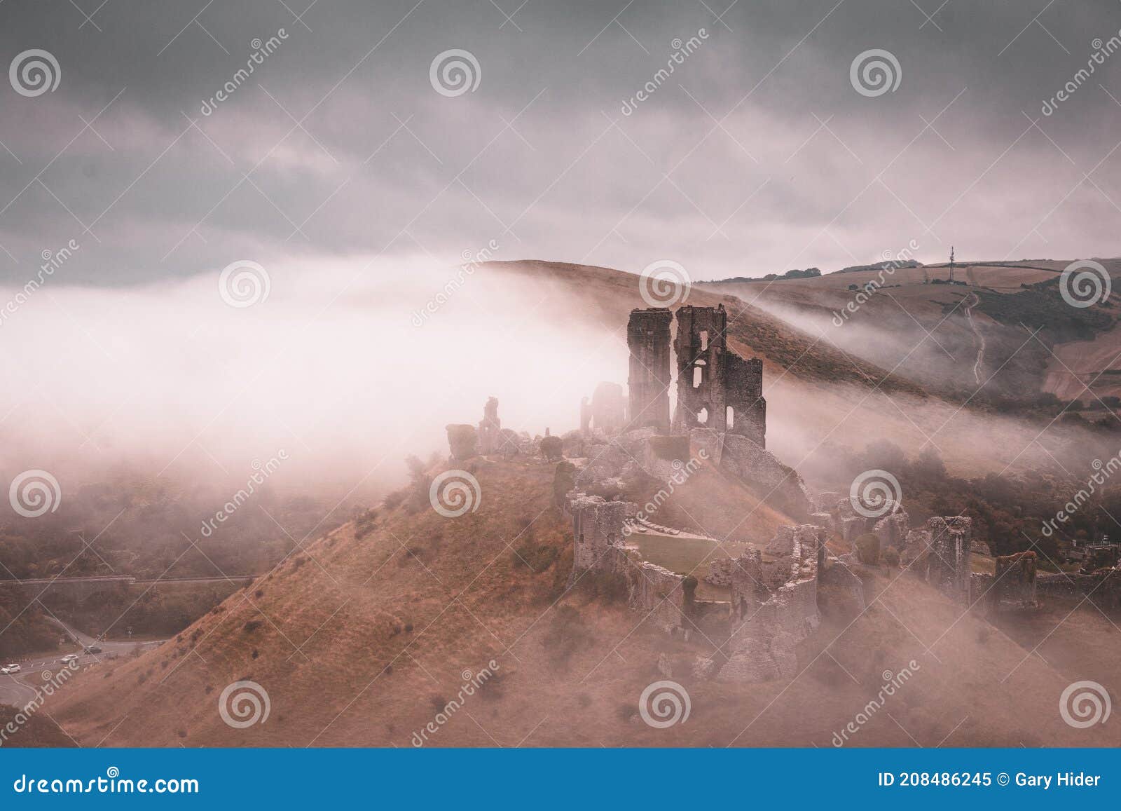 Mist Surrounding Corfe Castle in Autumn Stock Image - Image of misty ...