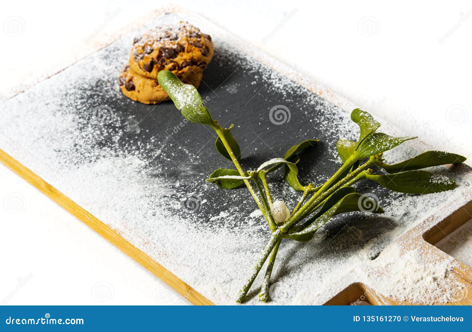 Mistletoe and Cookies on Dark Board Stock Photo - Image of natural ...