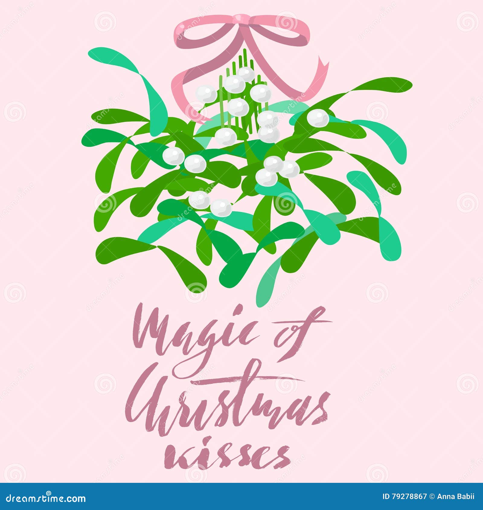 Mistletoe with Pink Bow and Curly Ribbon. Christmas Lettering. Vector ...